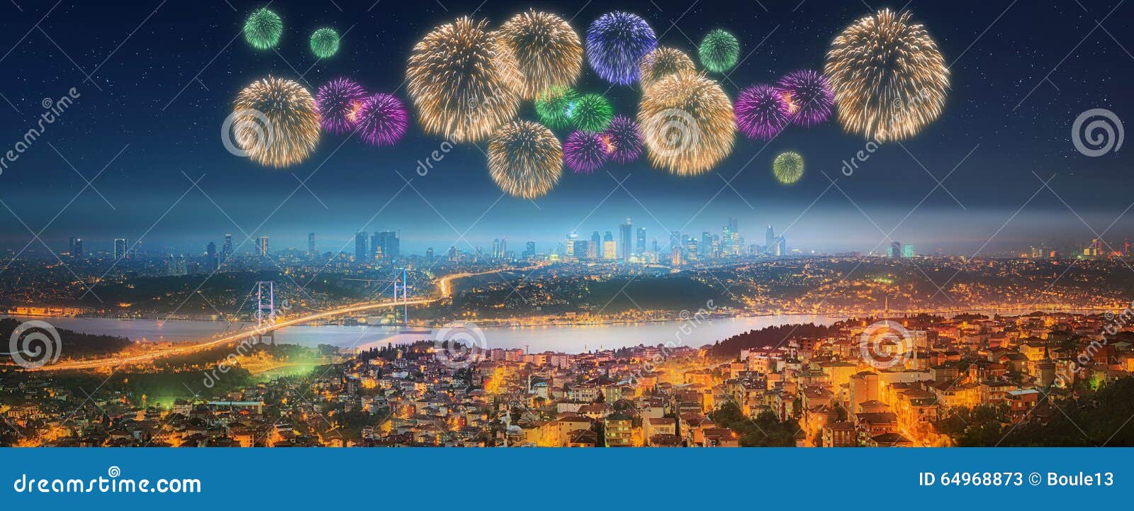 Panorama of Istanbul at Night with Fireworks Stock Image - Image of ...