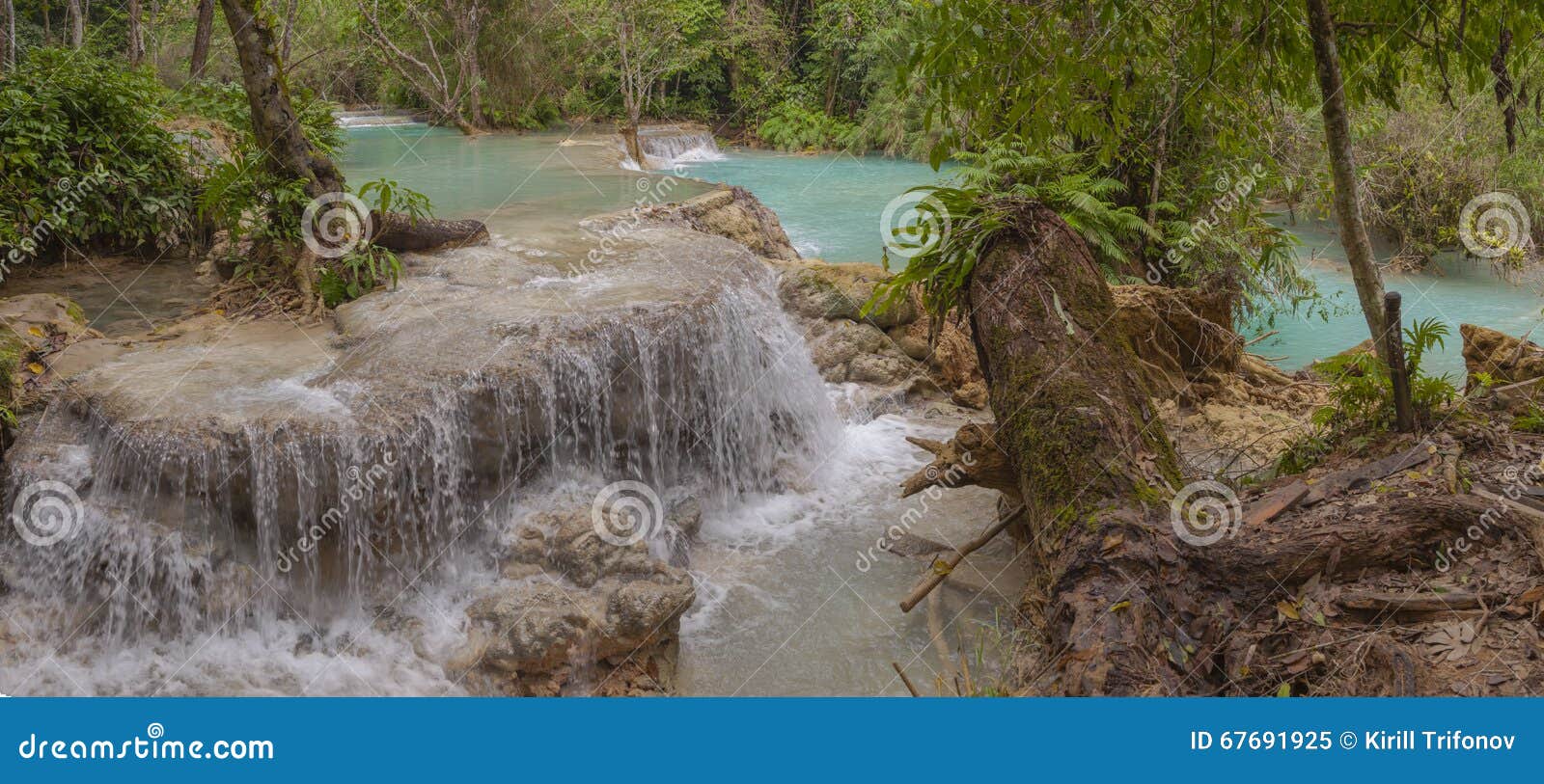 Panorama of Kuang Si Waterfall Stock Image - Image of motion ...
