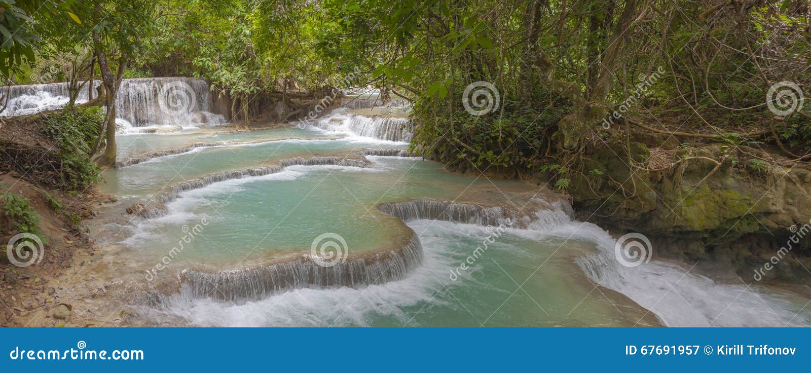 Panorama of Kuang Si Waterfall Stock Image - Image of landscape, rapid ...