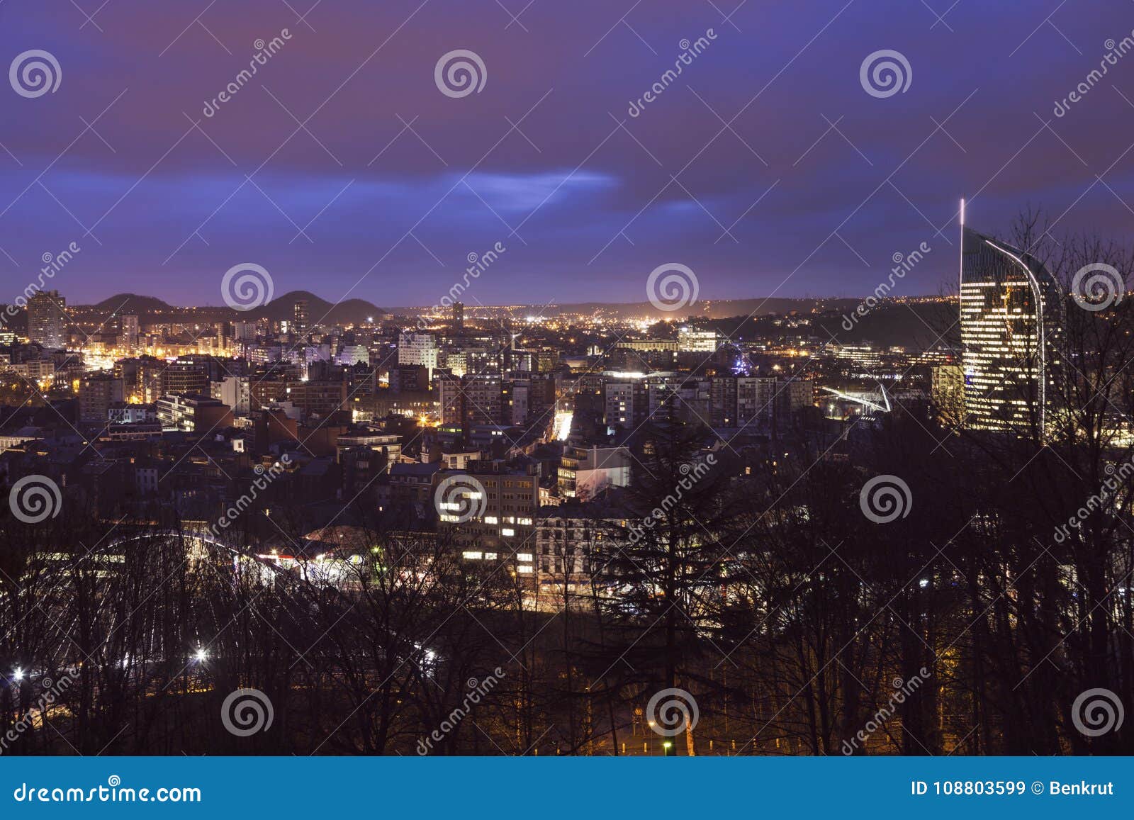 Panorama of Liege at night stock image. Image of blue - 108803599