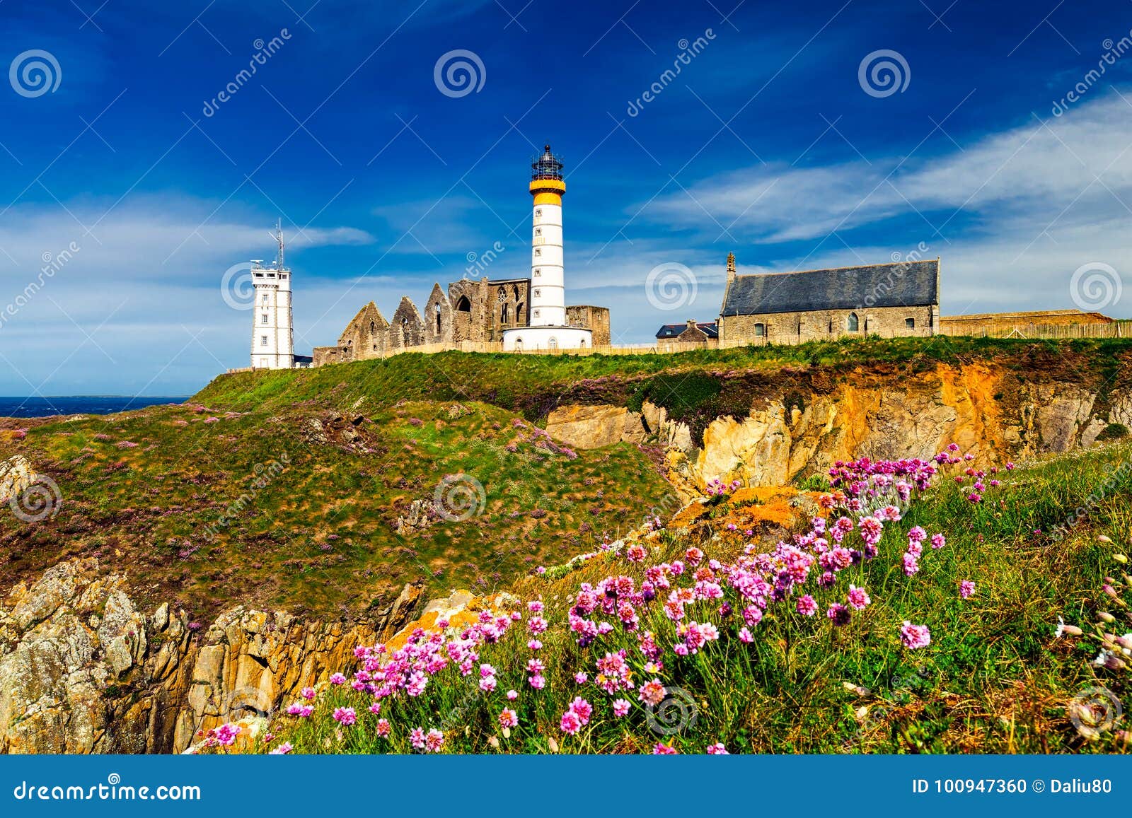 Panorama of Lighthouse and Ruin of Monastery, Pointe De Saint Ma Stock ...