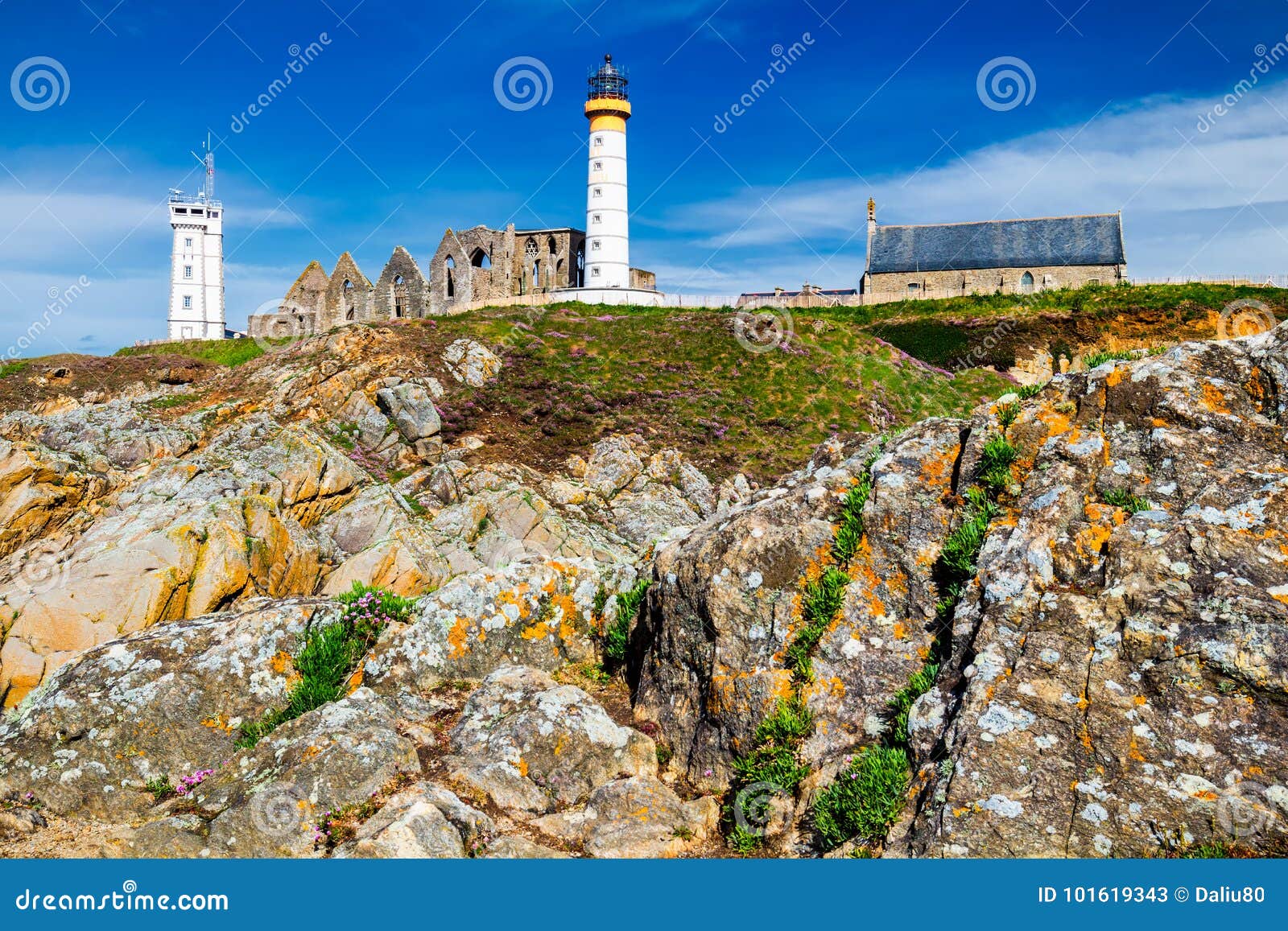 Panorama of Lighthouse and Ruin of Monastery, Pointe De Saint Ma Stock ...