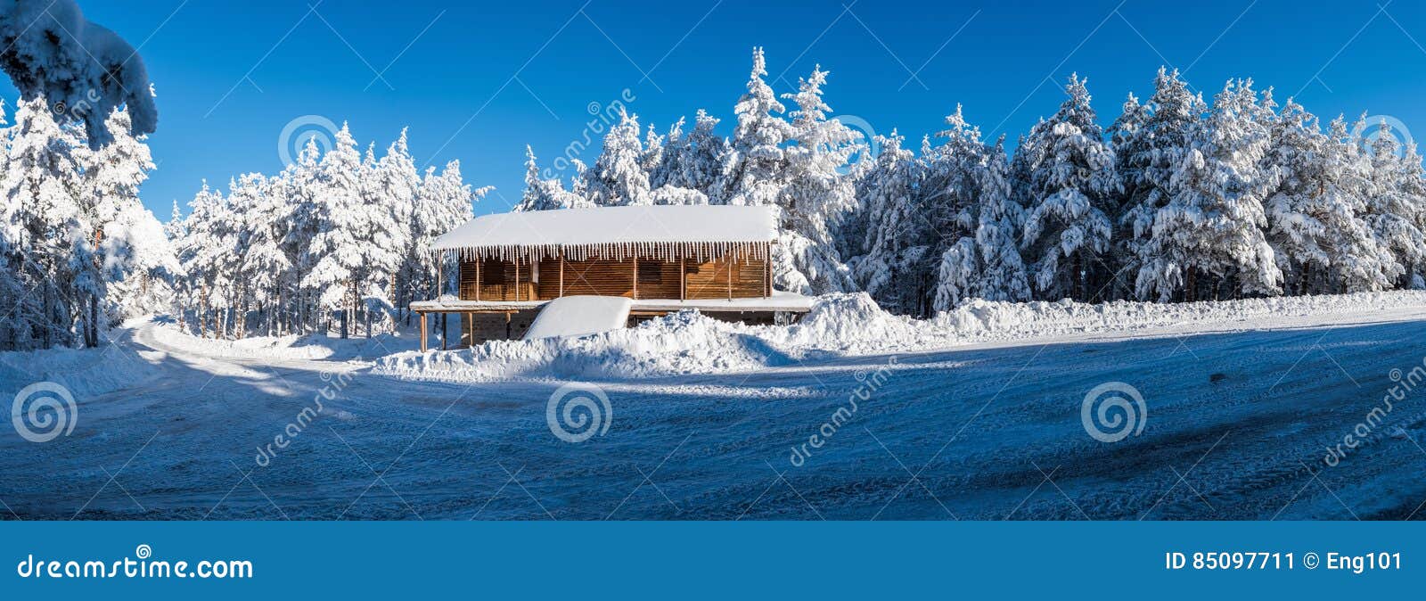 Panorama with a Log Cabin Covered in a Snowy Forest Stock Image - Image ...