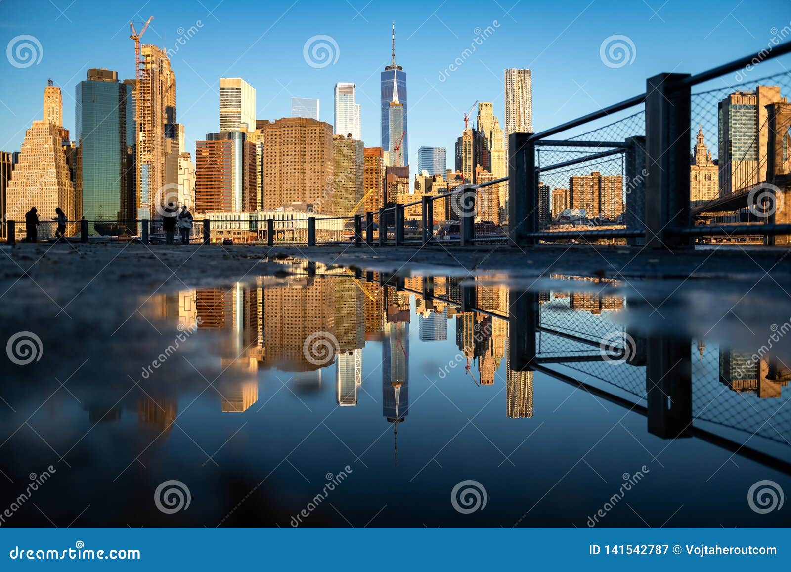 Panorama of Lower Manhattan Reflected in the Water Puddle on the ...