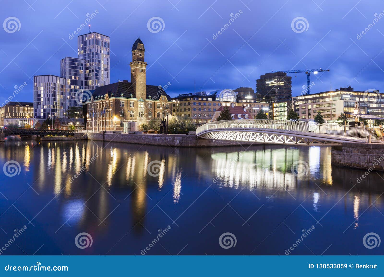 Panorama of Malmo at night stock image. Image of maritime - 130533059
