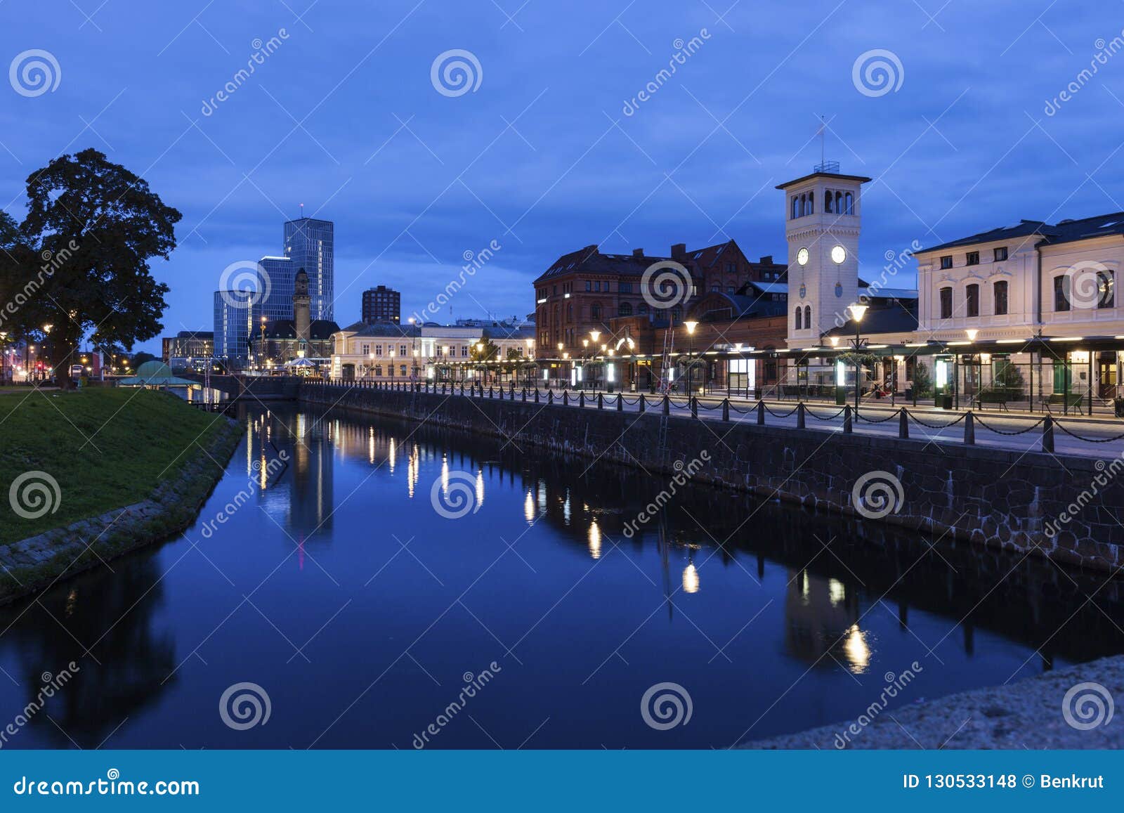 Panorama of Malmo stock photo. Image of canal, reflection - 130533148