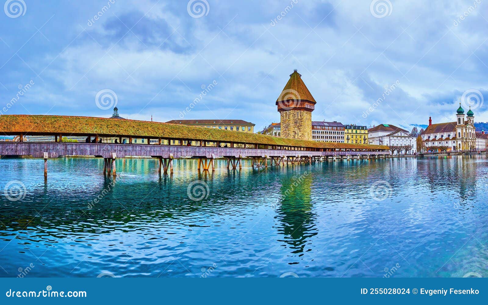Panorama of Medieval Kapellbrucke and Stone Wasserturm Tower, Built in ... Panorama of Medieval Kapellbrucke and Stone Wasserturm Tower, Built in ...
