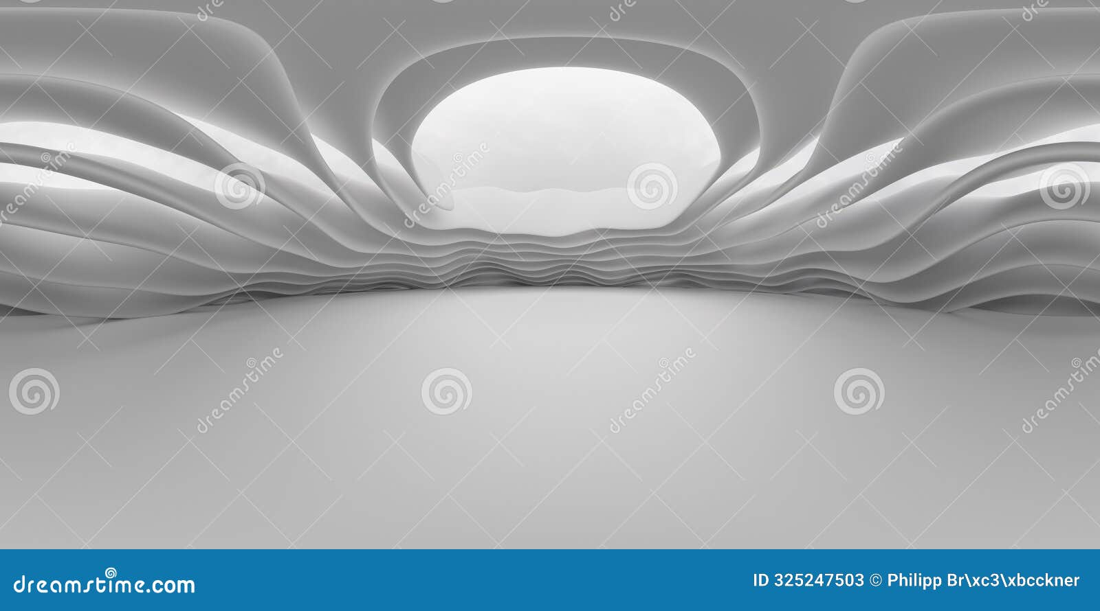 360 Panorama of a Modern White Interior with Wavy Ceiling and Large ...