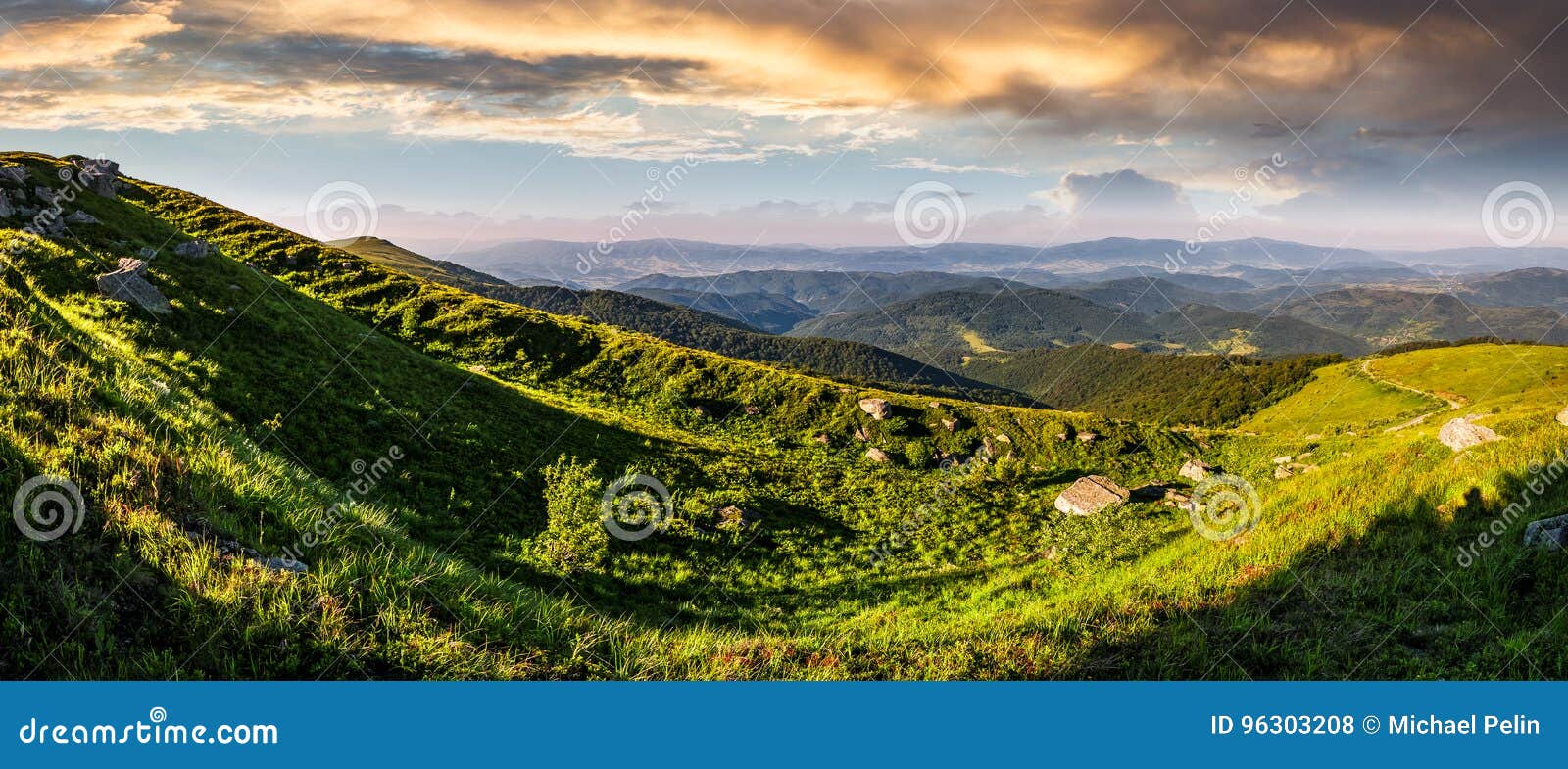 Panorama of Mountain Ridge with Peak at Sunset Stock Photo - Image of ...