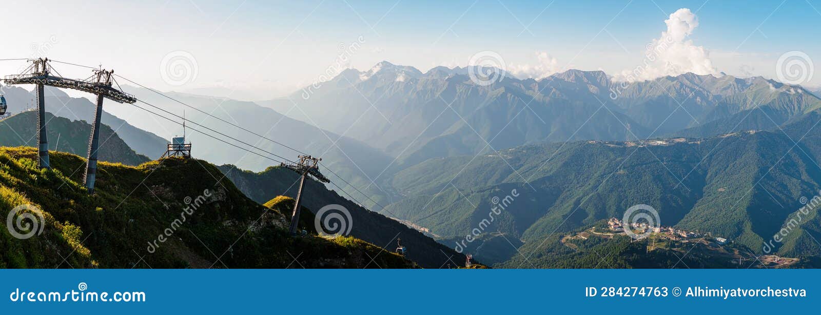 Panorama: Mountain View at Sunset and Cable Car Stock Image - Image of ...