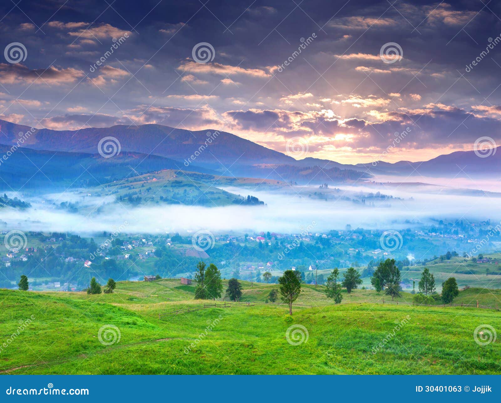 Panorama of the Mountain Village in the Mist. Stock Image - Image of ...