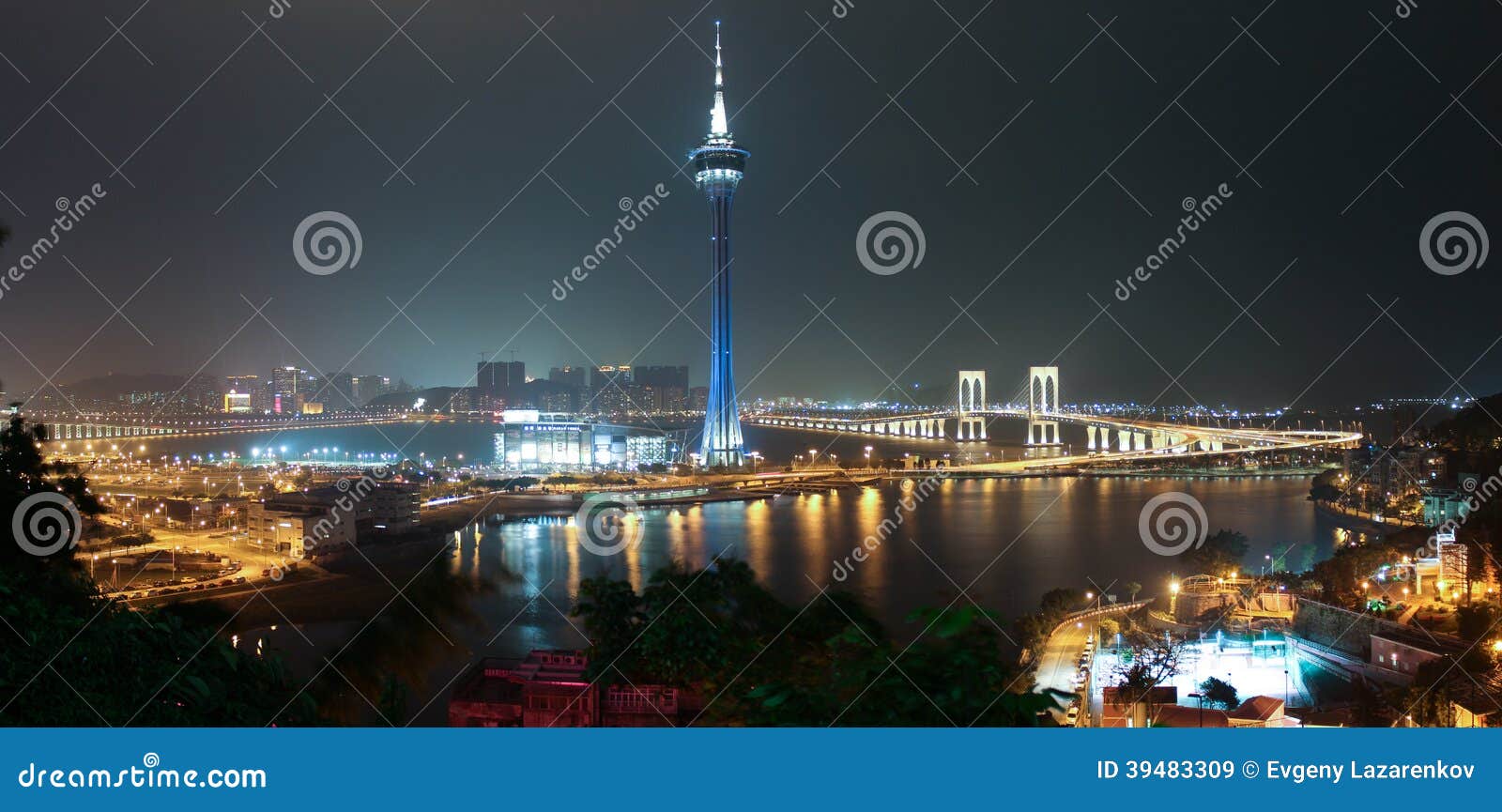 Panorama of Night Macao with Macao Tower and Sai Van Bridge Stock Image ...
