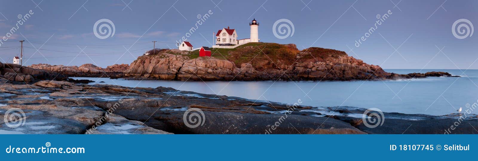 Panorama of Nubble Lighthouse Stock Image - Image of twilight ...
