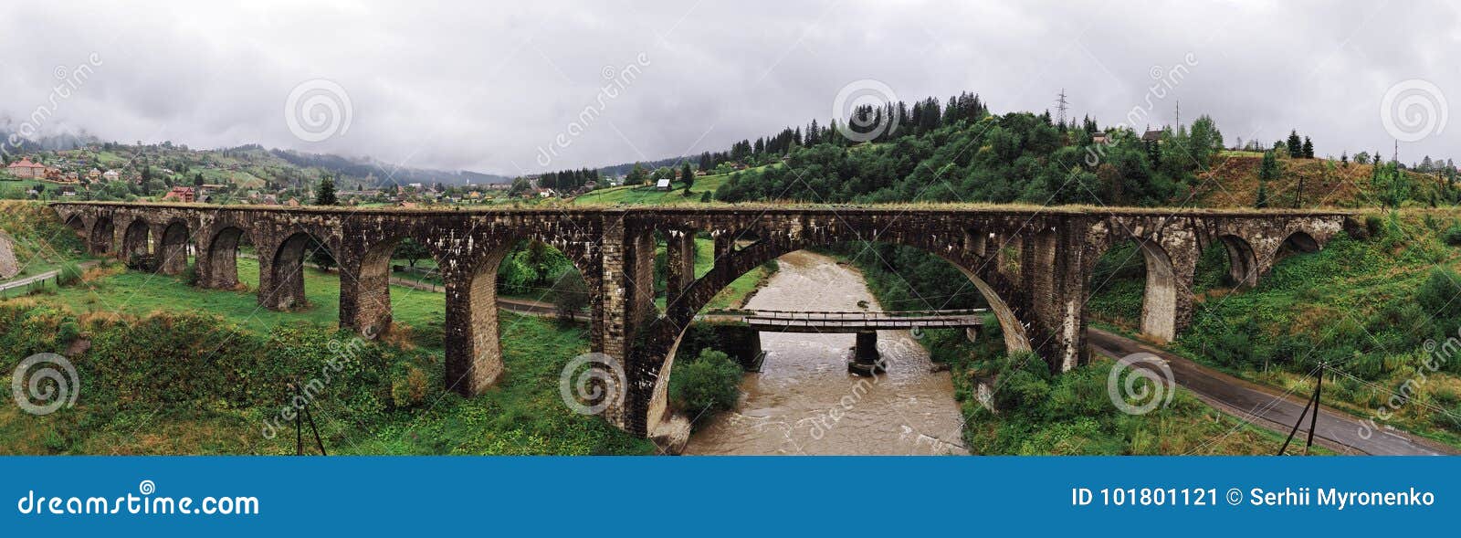 Panorama of the Old Austrian Bridge through the River at the Karpatian ...