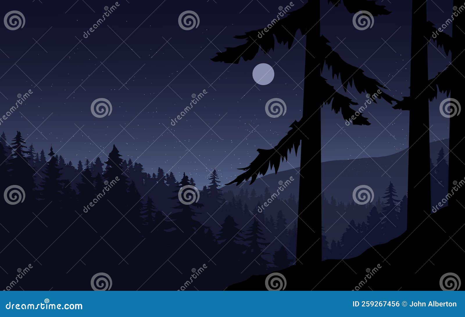 Pine Forest Night Landscape with Moon Stock Illustration - Illustration ...