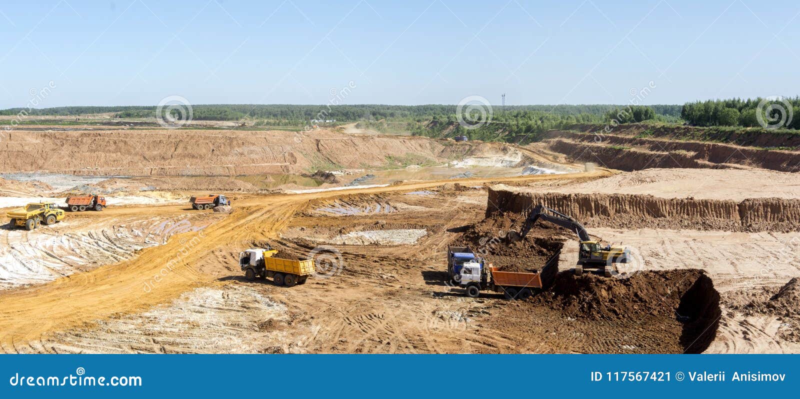 Panorama of the Sand Pit. Extraction of Sand in the Quarry. Backhoe ...