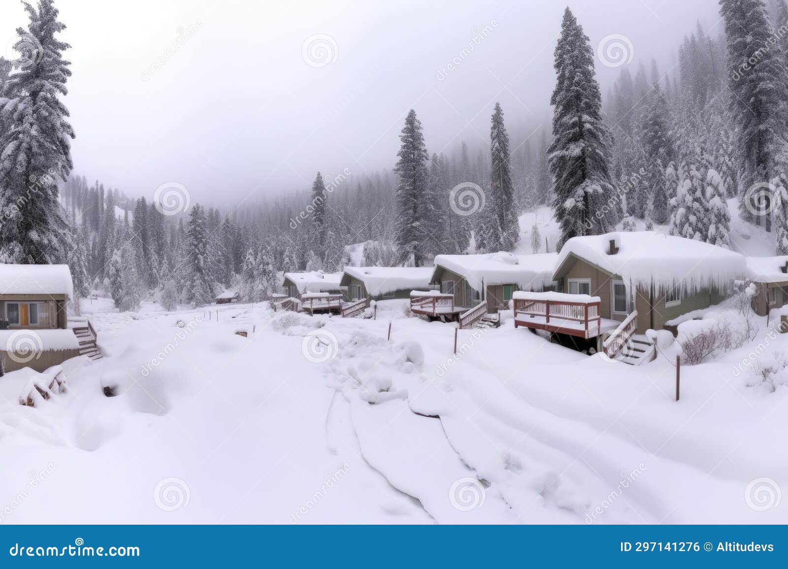 Panorama of Resort Cabins Under a Layer of Snow Stock Photo - Image of ...