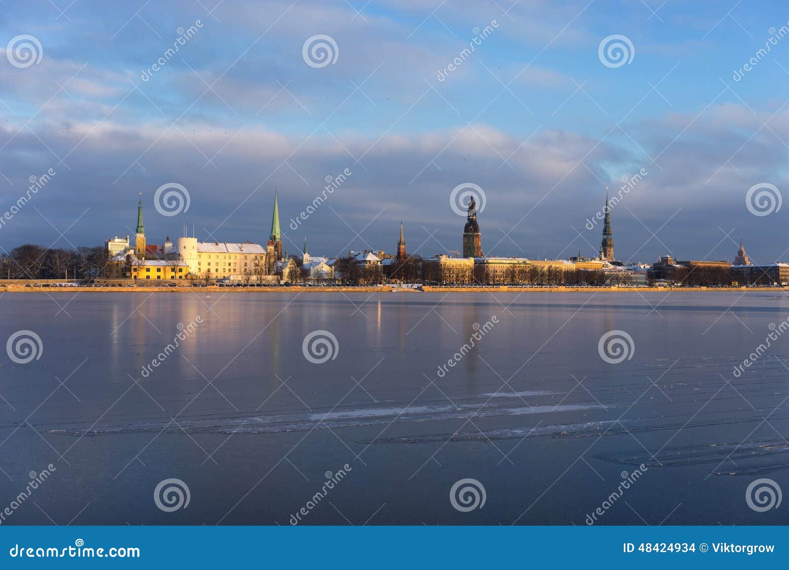 Panorama of Riga on the Frozen River and Fresh Snow Stock Photo - Image ...