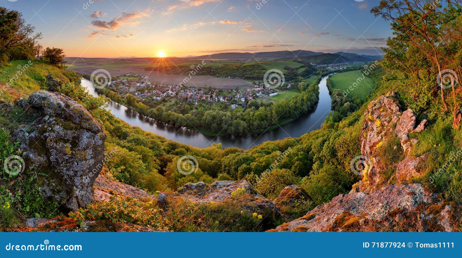 Panorama with River at Sunset in Mountain Editorial Stock Image - Image ...