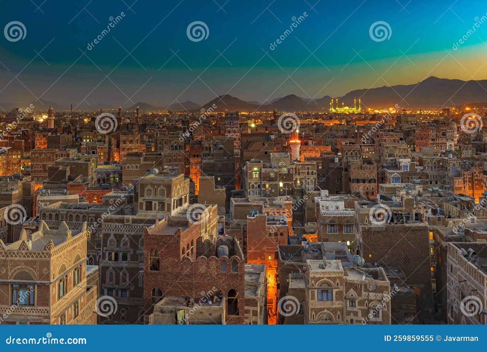 Panorama of Sanaa at Night, Yemen Stock Image - Image of mosque ...