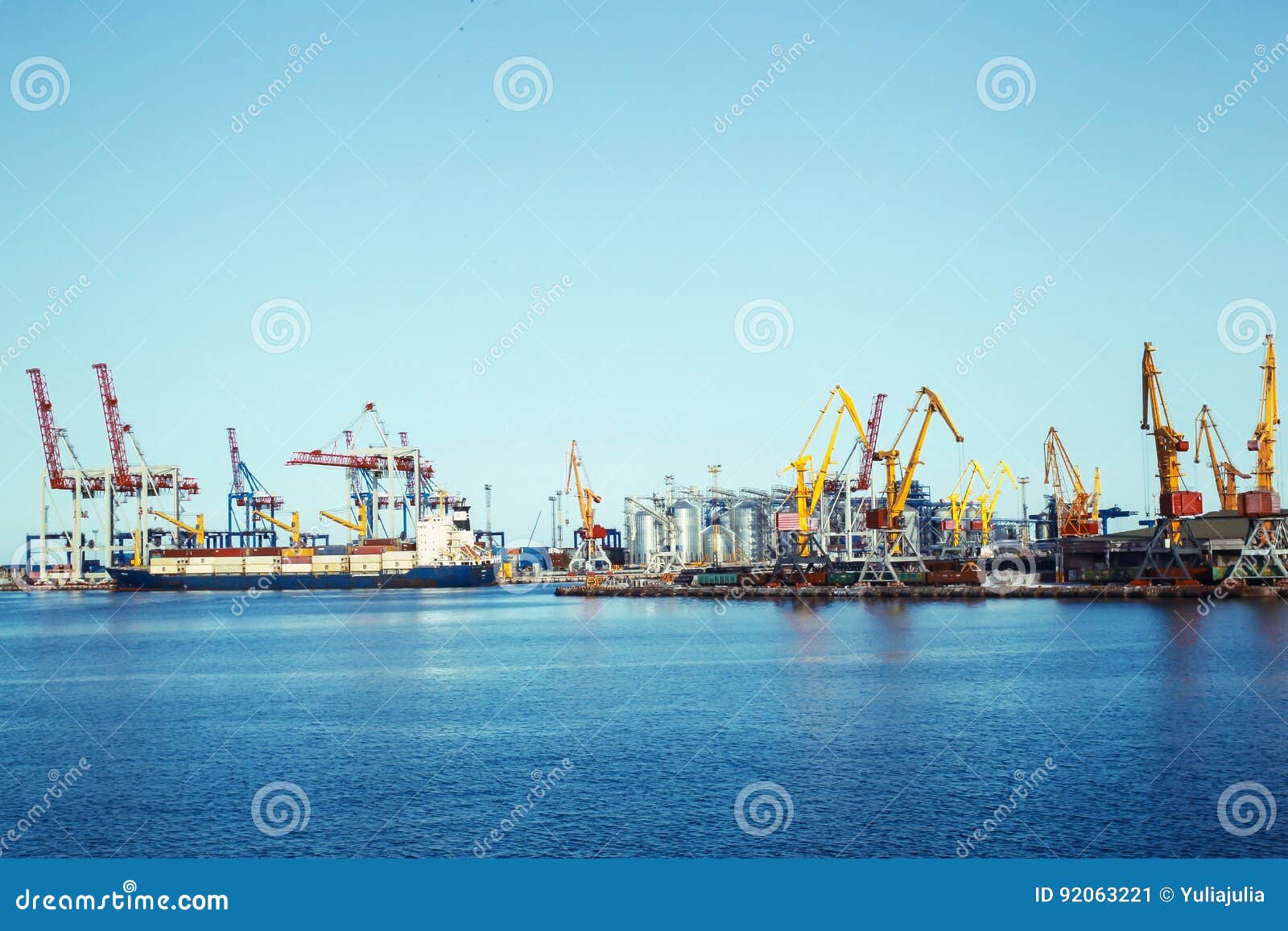 Panorama of a Seaport with Cargo Cranes and a Ship with Freight ...