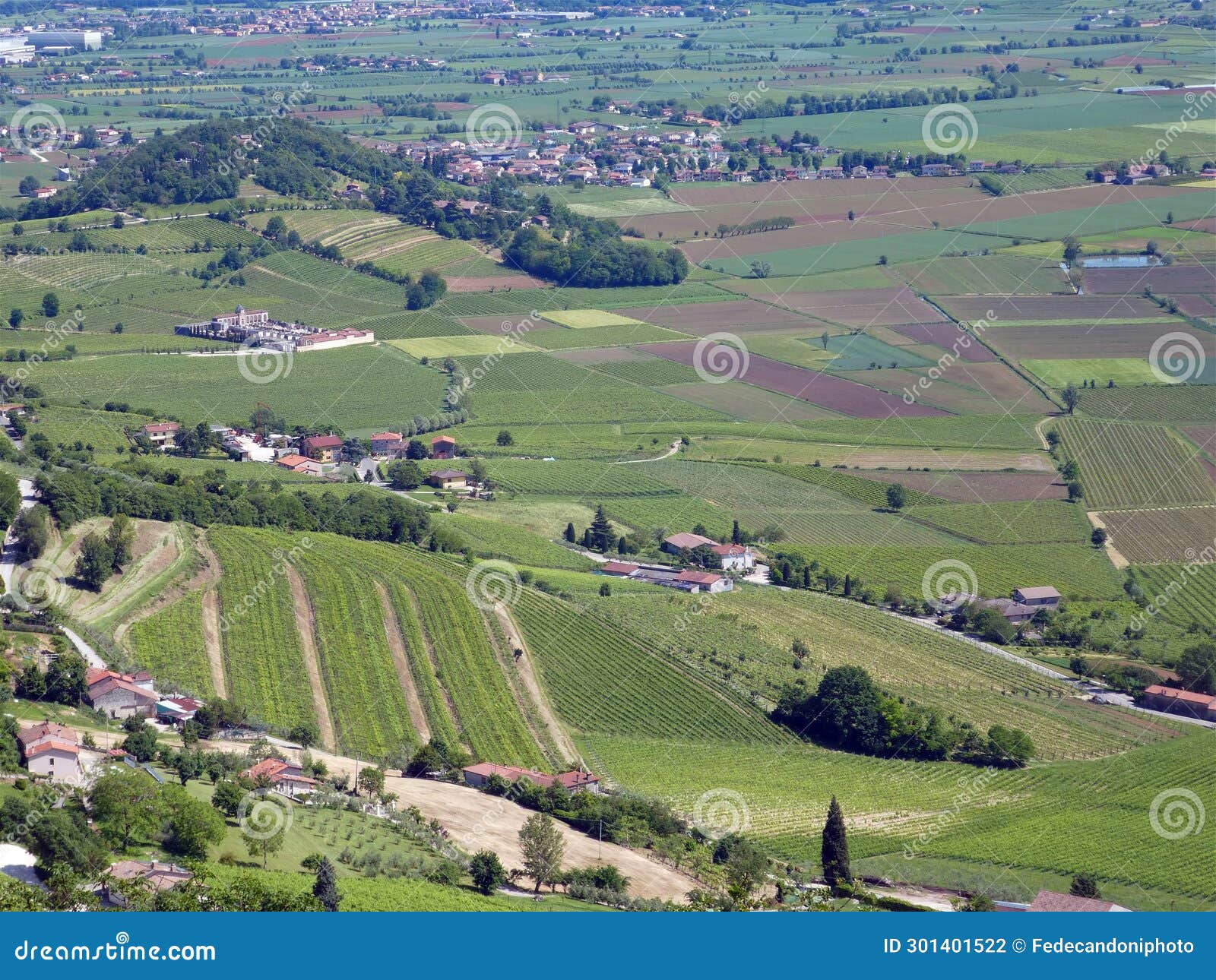 Panorama Seen from Above of Plain with the Cultivated Fields Divided ...