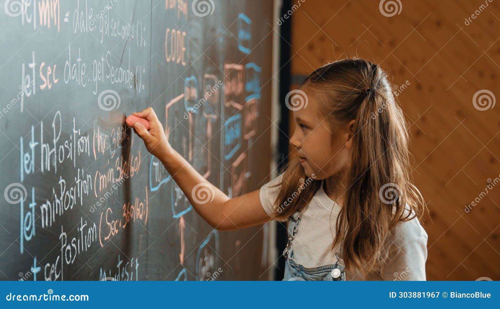 Panorama Shot of Smart Girl Writing Engineering Prompt on Blackboard ...