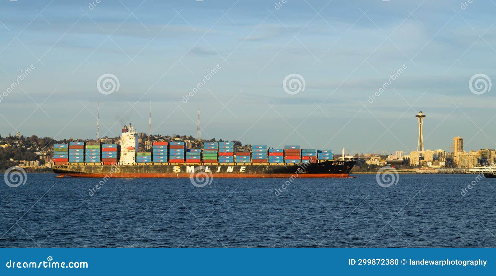 Panorama of SM Line Container Ship Passing Seattle Space Needle ...