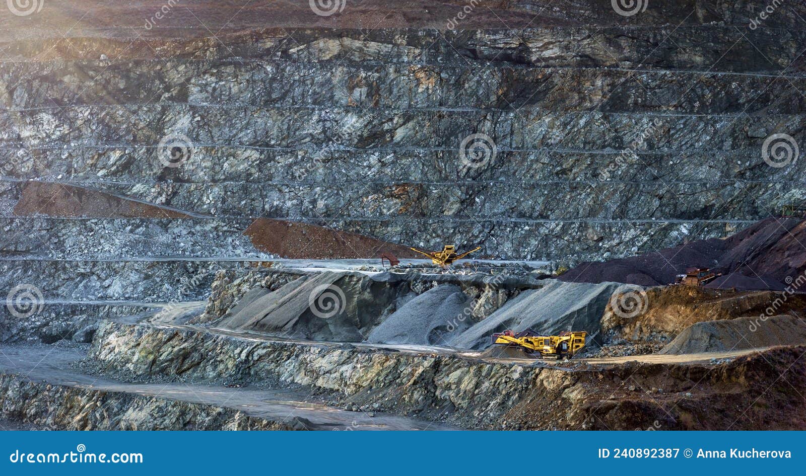 Diabase Quarry Stepped Wall With Two Red Drilling Machines, Panorama ...