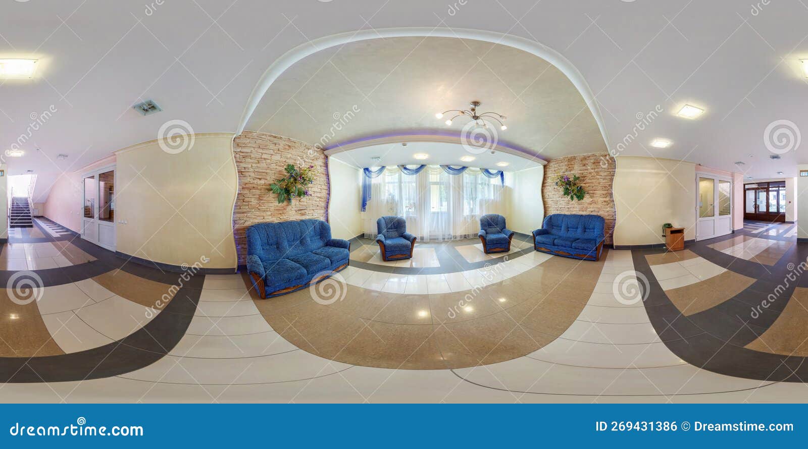 360 Panorama in Stylish Guest Hall or Restroom in Hotel with Sofa in ...