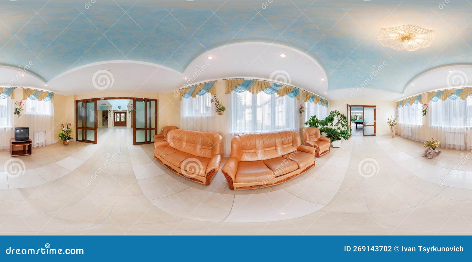 360 Panorama in Stylish Guest Hall or Restroom in Hotel with Sofa in ...