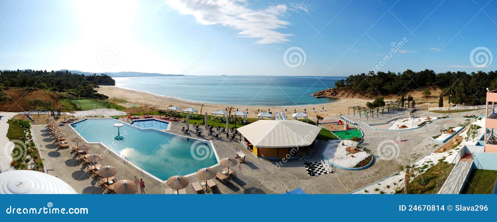 Panorama of Swimming Pools and Bar by a Beach Stock Photo - Image of ...