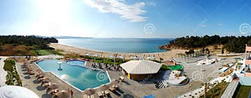 Panorama of Swimming Pools and Bar by a Beach Stock Photo - Image of ...