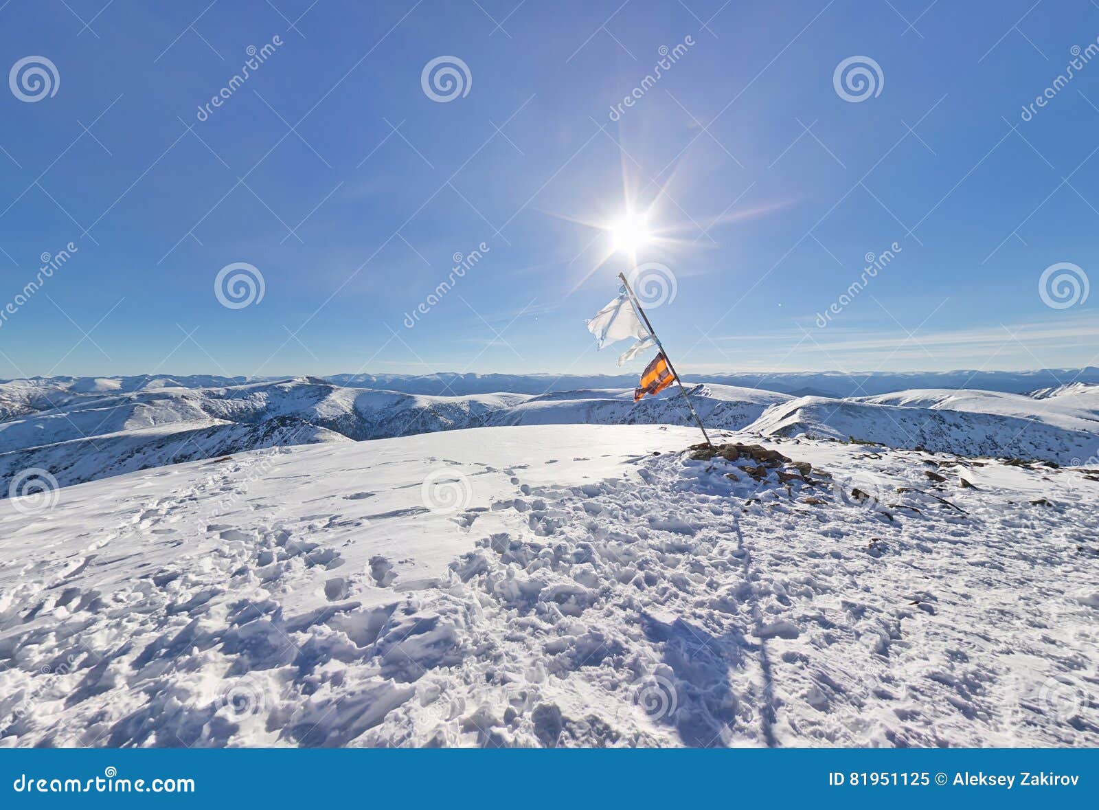 Panorama Tattered Flag on Top of the Mountain Under Sun Stock Image ...