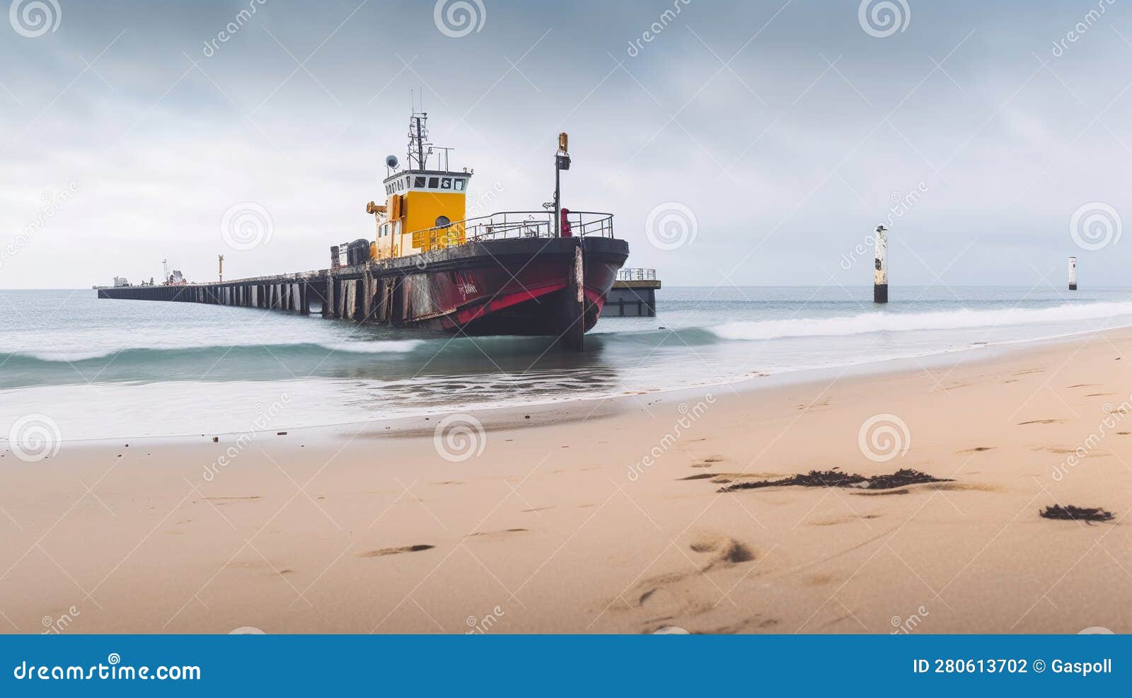 Panorama To Beach and Pier with Flooded Old Tugboat, Generative AI ... Panorama To Beach and Pier with Flooded Old Tugboat, Generative AI ...
