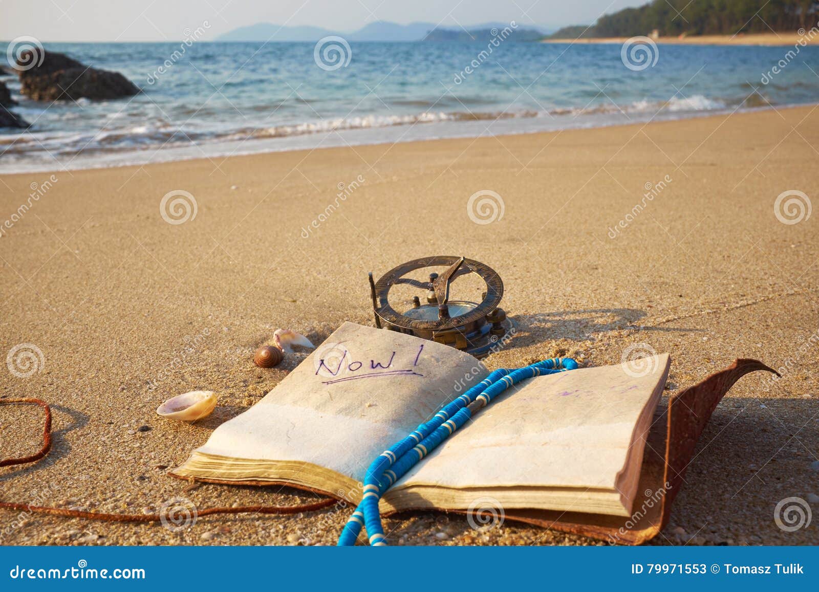 Panorama of Tropical Beach with Old Vintage Sundial and Notebook Stock ...