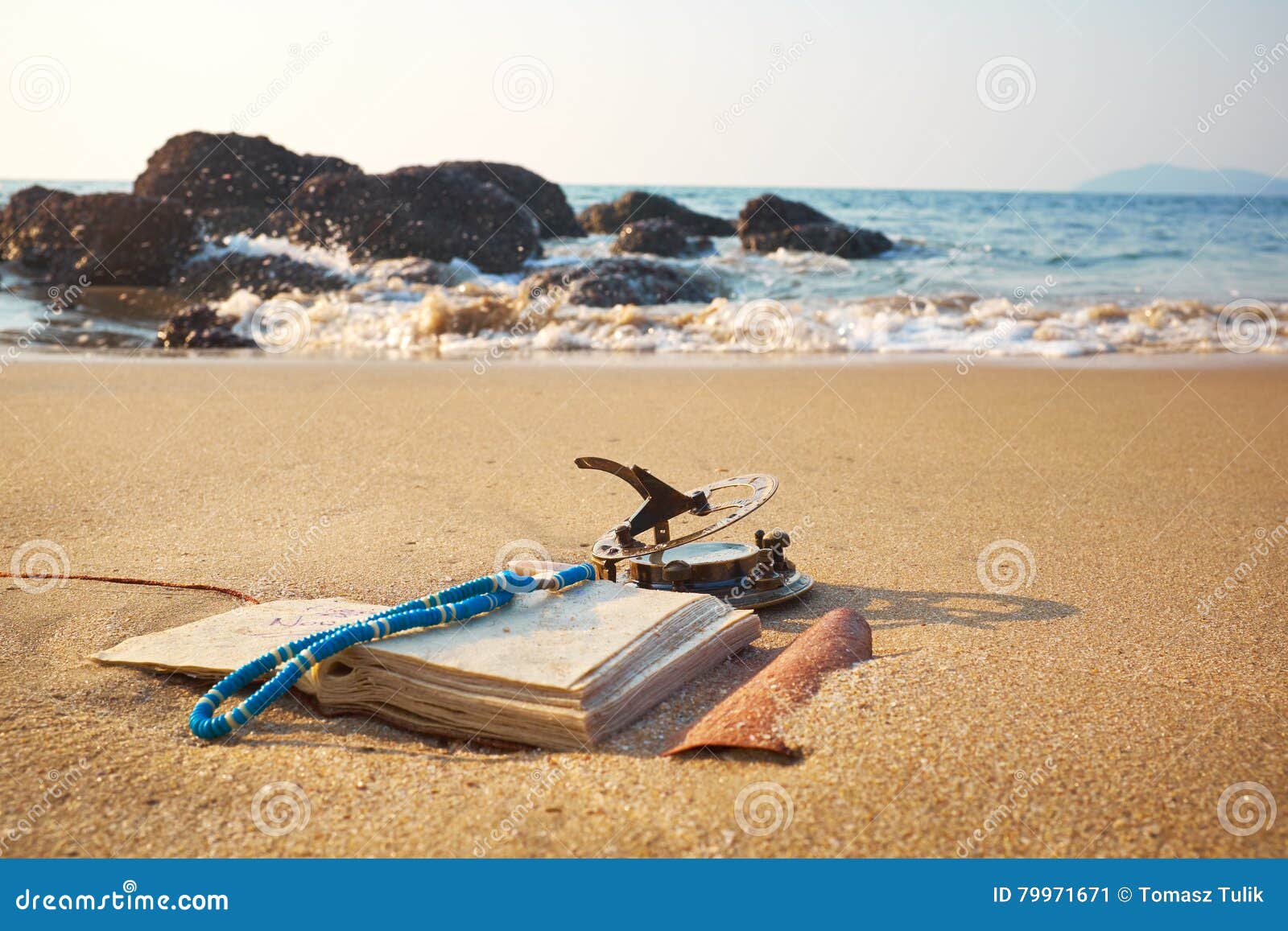 Panorama of Tropical Beach with Old Vintage Sundial and Notebook Stock ...