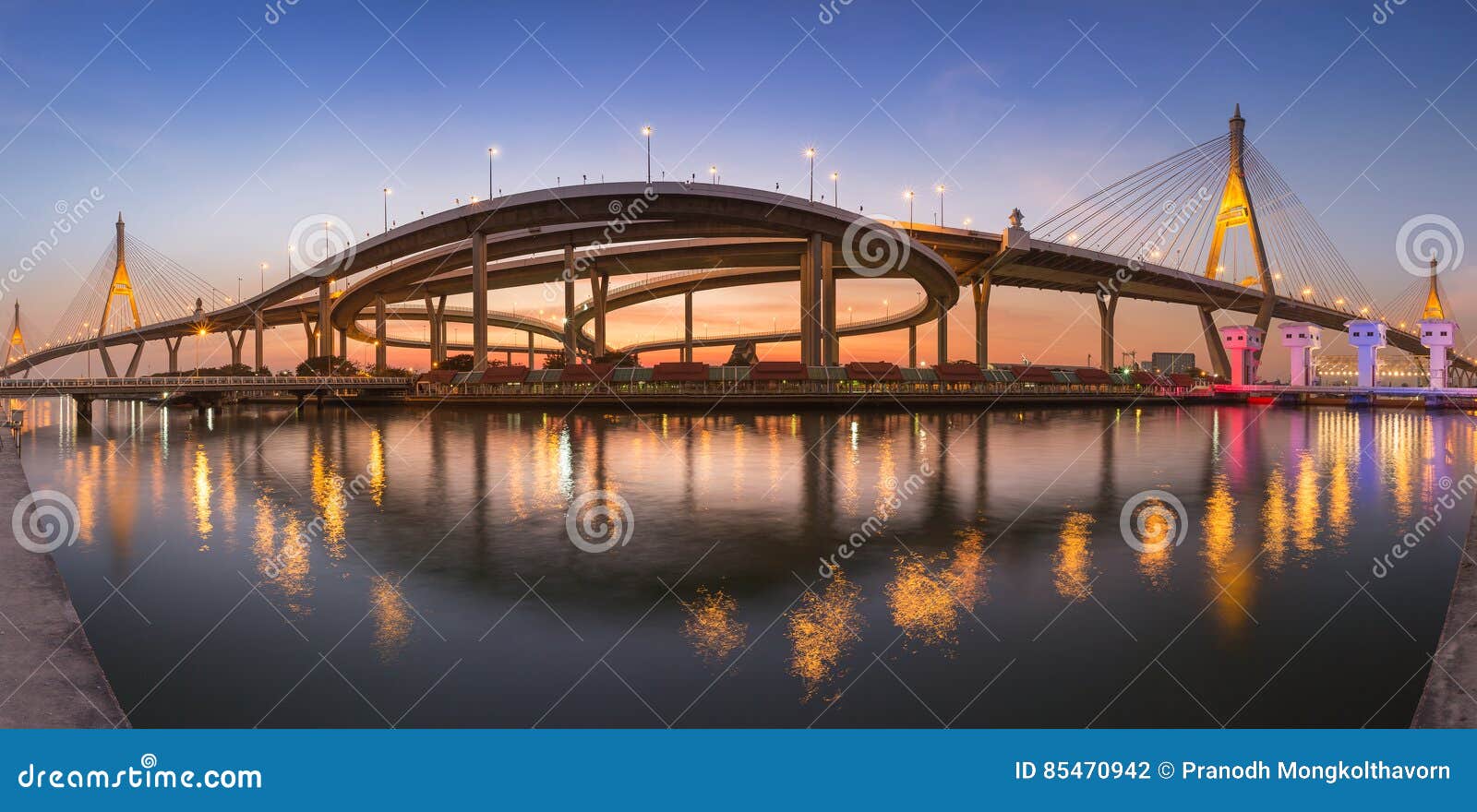Panorama Twin Suspension Bridge Connect To Highway Intersection Stock ...