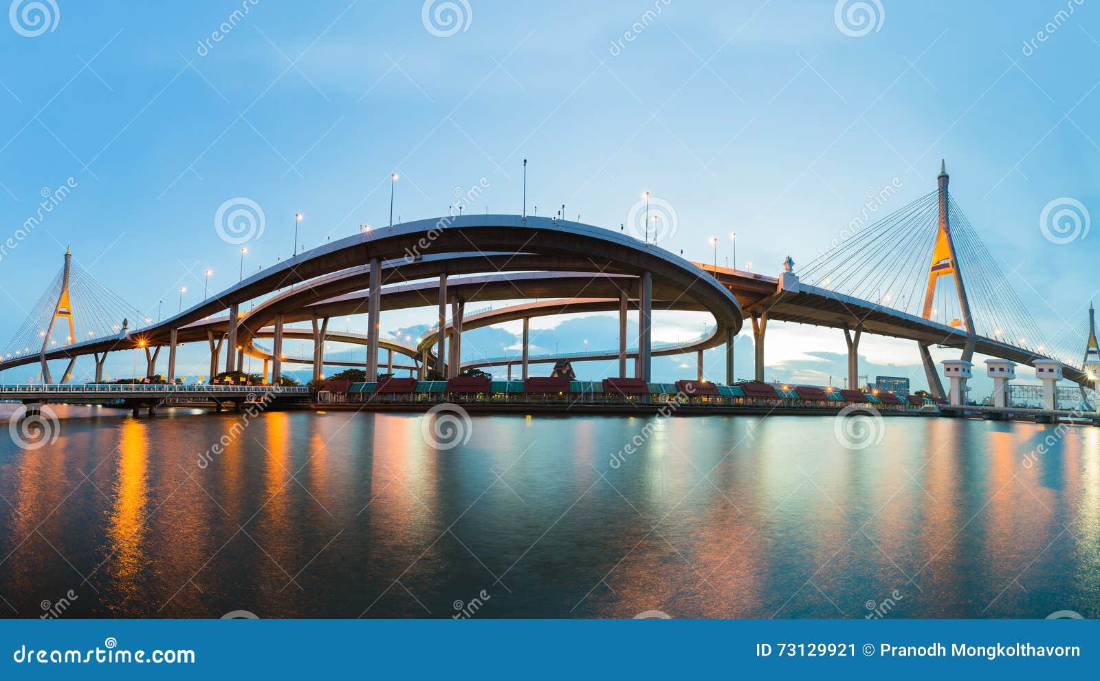 Panorama Twin Suspension Bridge Waterfront Stock Image - Image of ...