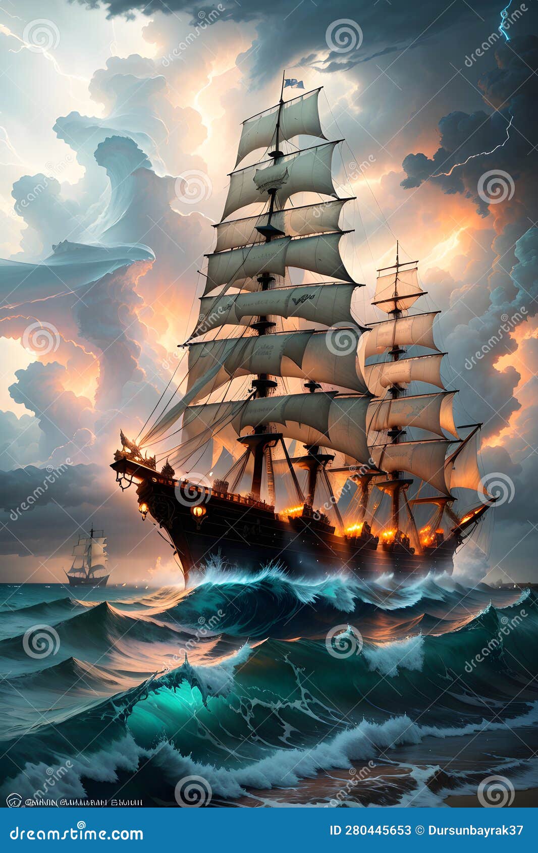 The Panorama of a Two Masted, Multisail Historical Ship Sailing through ...