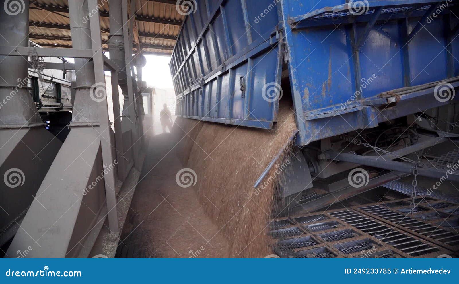 Panorama of Unloading Grain Trucks at Elevator on Elevating Hydraulic ...