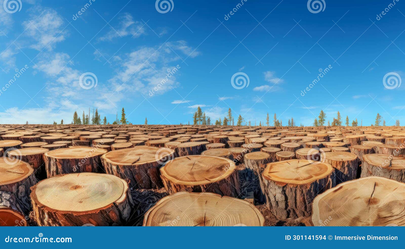 Panorama View of a Dense Tree Stumps with Blue Sky. Forest ...