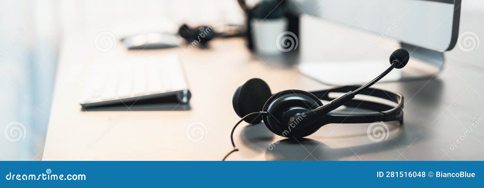 Panorama View of Empty Call Center Operator Workspace Focus on Headset ...