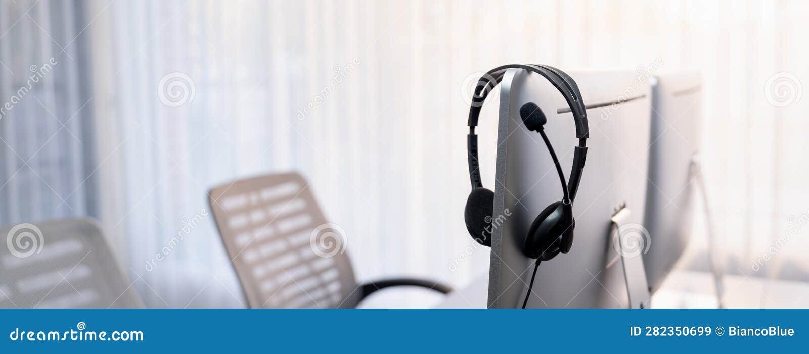 Panorama View of Empty Call Center Operator Workspace Focus on Headset ...