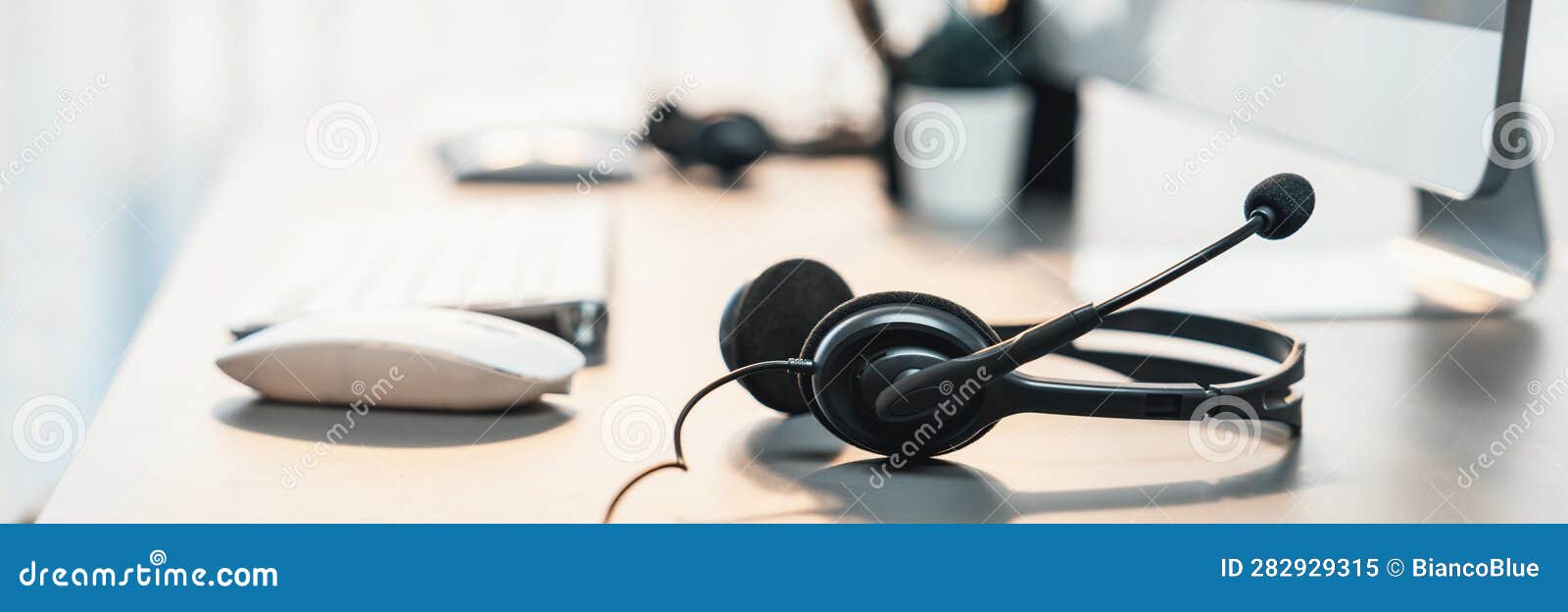 Panorama View of Empty Call Center Operator Workspace Focus on Headset ...