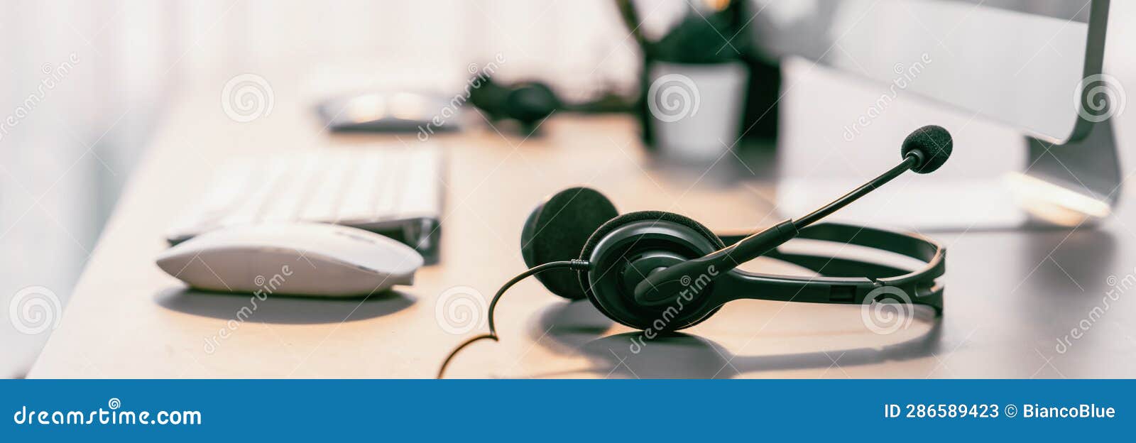 Panorama View of Empty Call Center Operator Workspace Focus on Headset ...