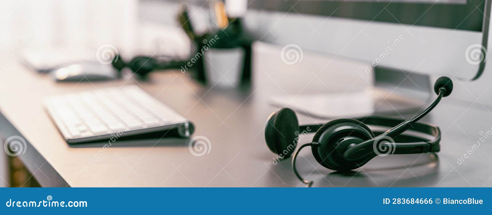 Panorama View of Empty Call Center Operator Workspace Focus on Headset ...