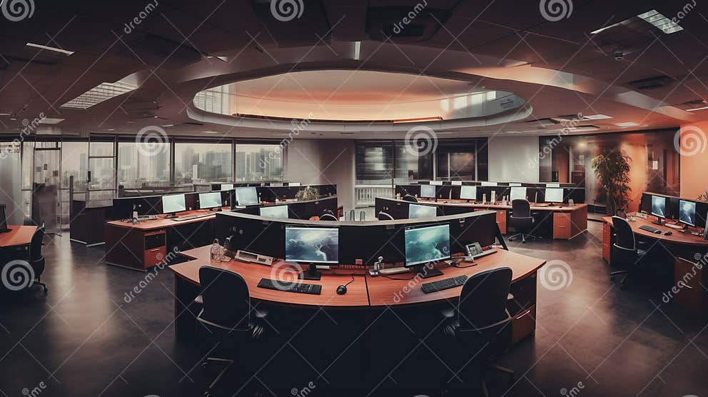 Panorama View of Empty Call Center Operator Workspace. Generative AI ...