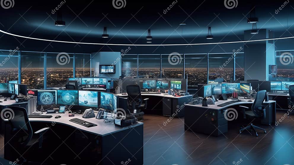 Panorama View of Empty Call Center Operator Workspace. Generative AI ...