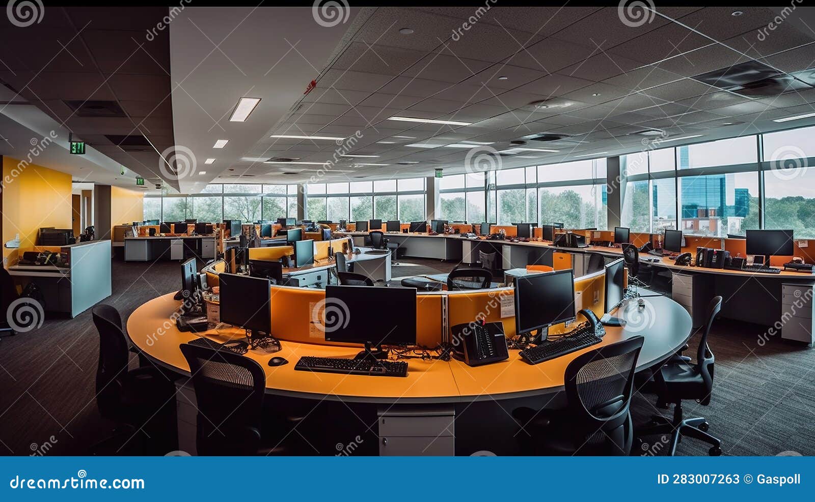 Panorama View of Empty Call Center Operator Workspace. Generative AI ...